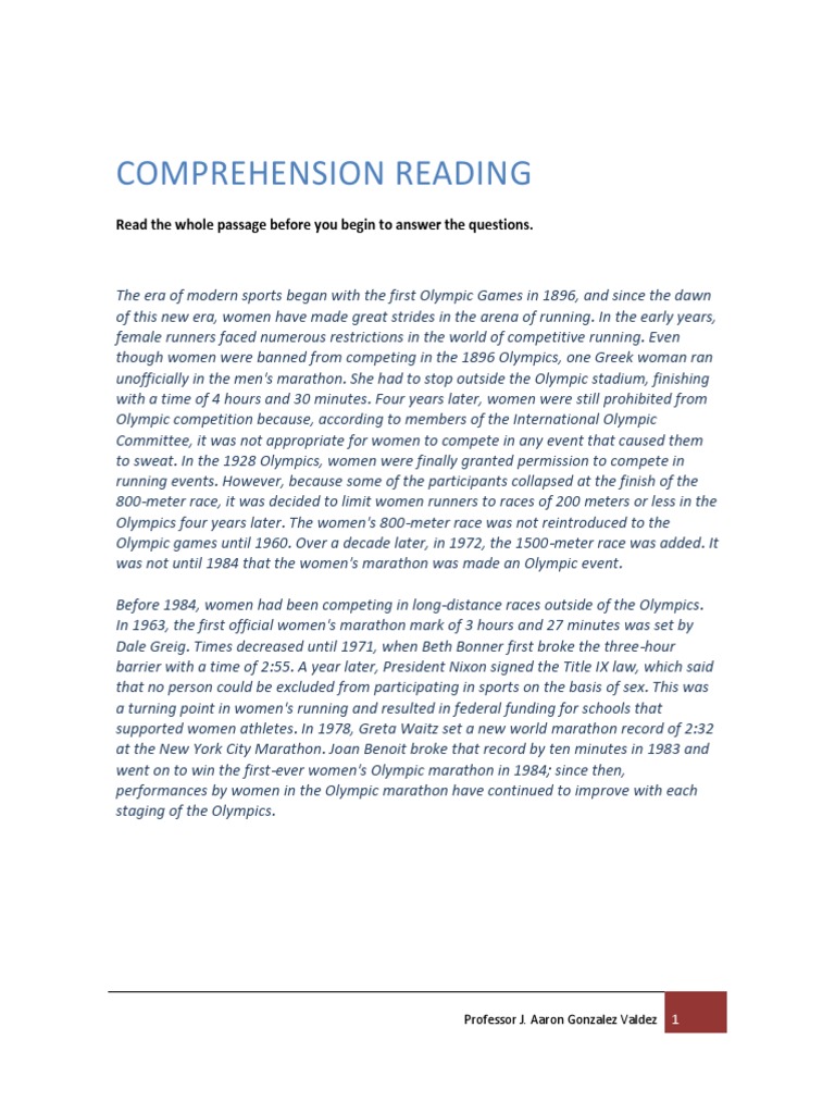 Sports - Comprehension Reading | PDF | Marathon | Olympic Games