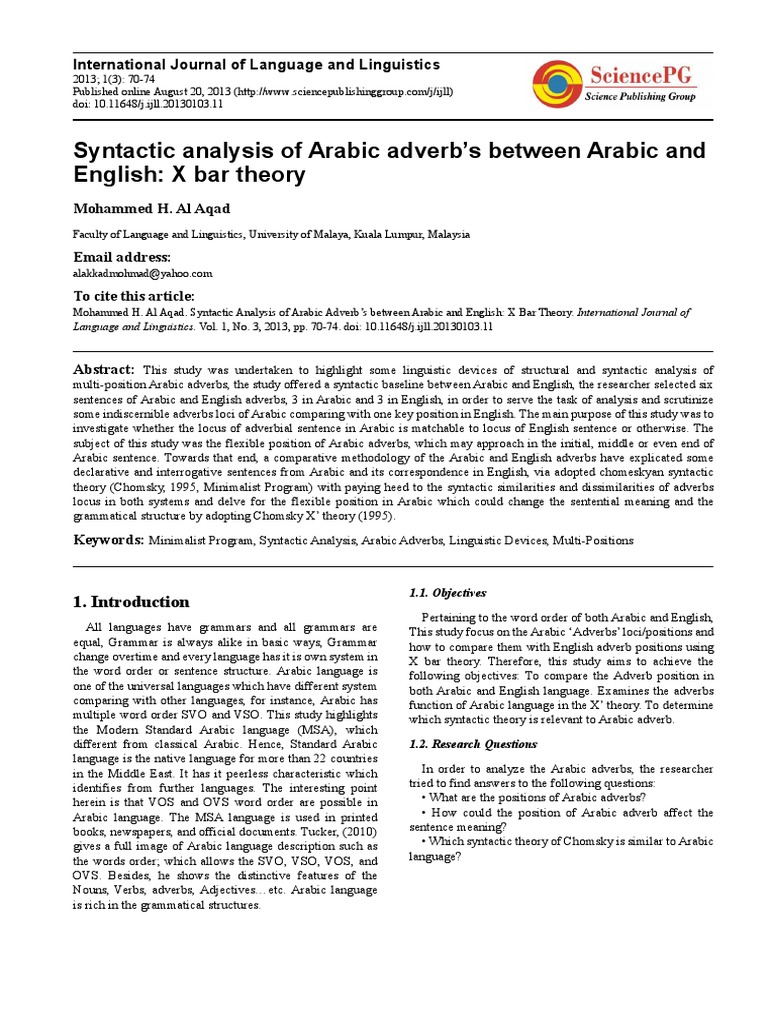 Syntactic Analysis of Arabic Adverb's Between Arabic and English: X Bar ...