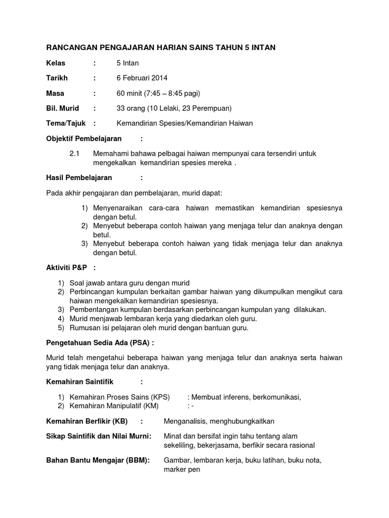 RPH Sains Tahun 5 | PDF | Sains & Matematika