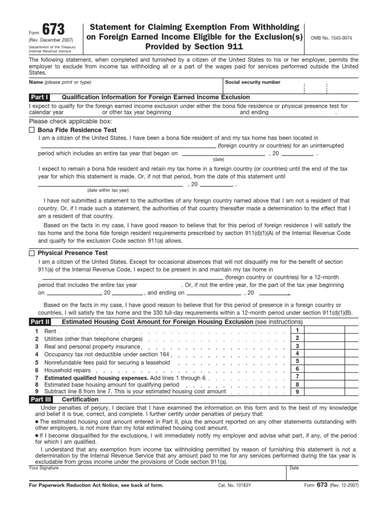 IRS Form 673 - Foreign Earned Income Exclusion | PDF | Irs Tax Forms ...
