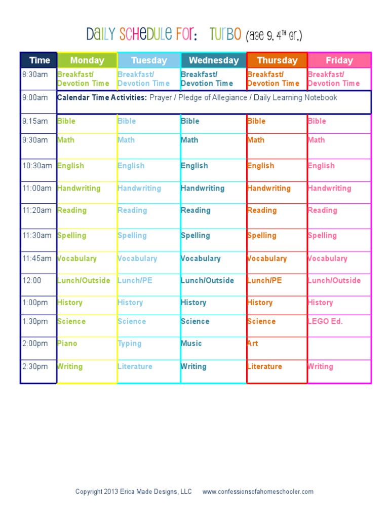 Weekly Homeschool Schedule for 4th Grader | PDF | Language Arts ...