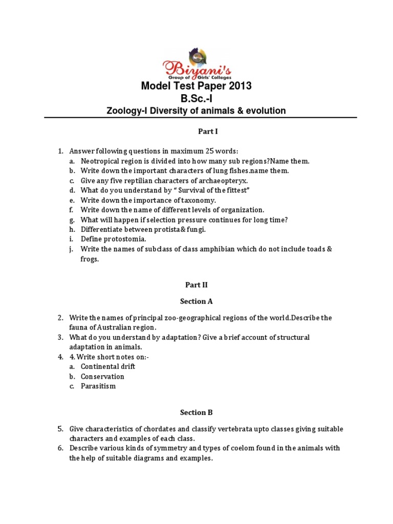 Model Test Paper 2013 B.Sc.-I: Zoology-I Diversity of Animals ...