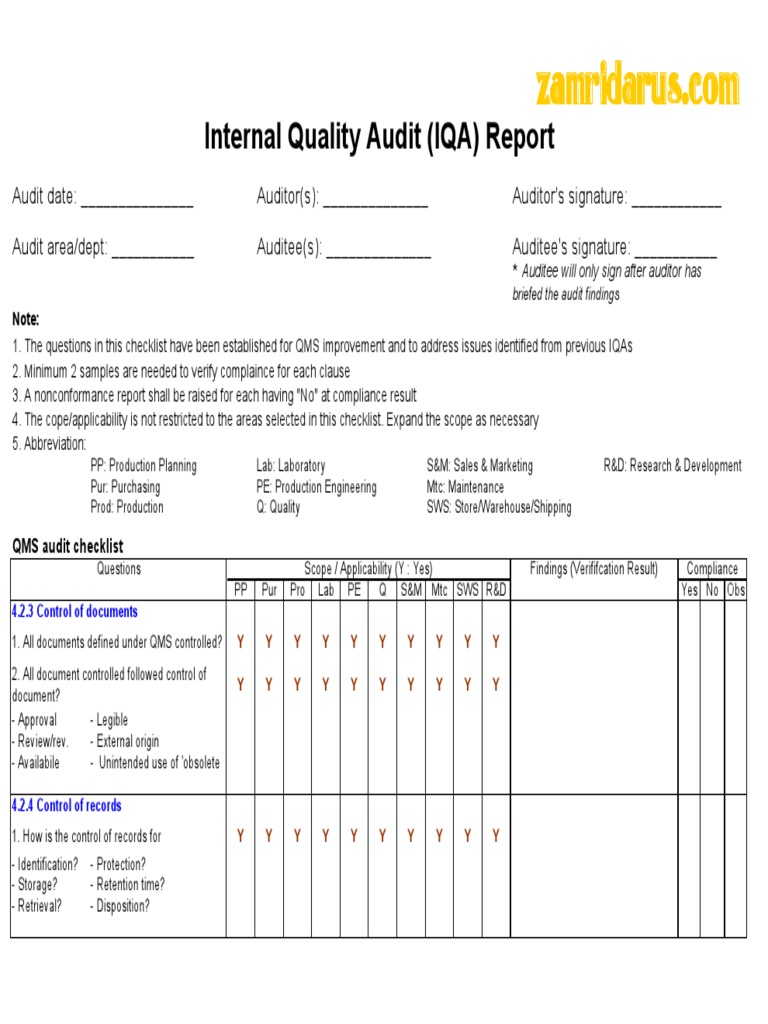 Internal Quality Audit Checklist v. 01 | PDF | Audit | Accounting And Audit
