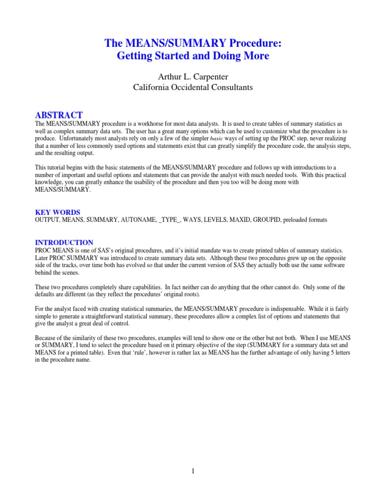 Proc Summary Pdf Percentile Mean