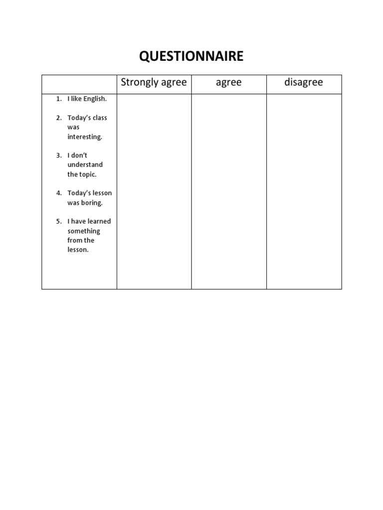 Questionnaire: Strongly Agree Agree Disagree | PDF