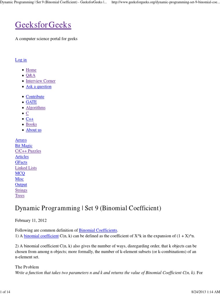 Binomial Coefficent | PDF | Dynamic Programming | C (Programming Language)