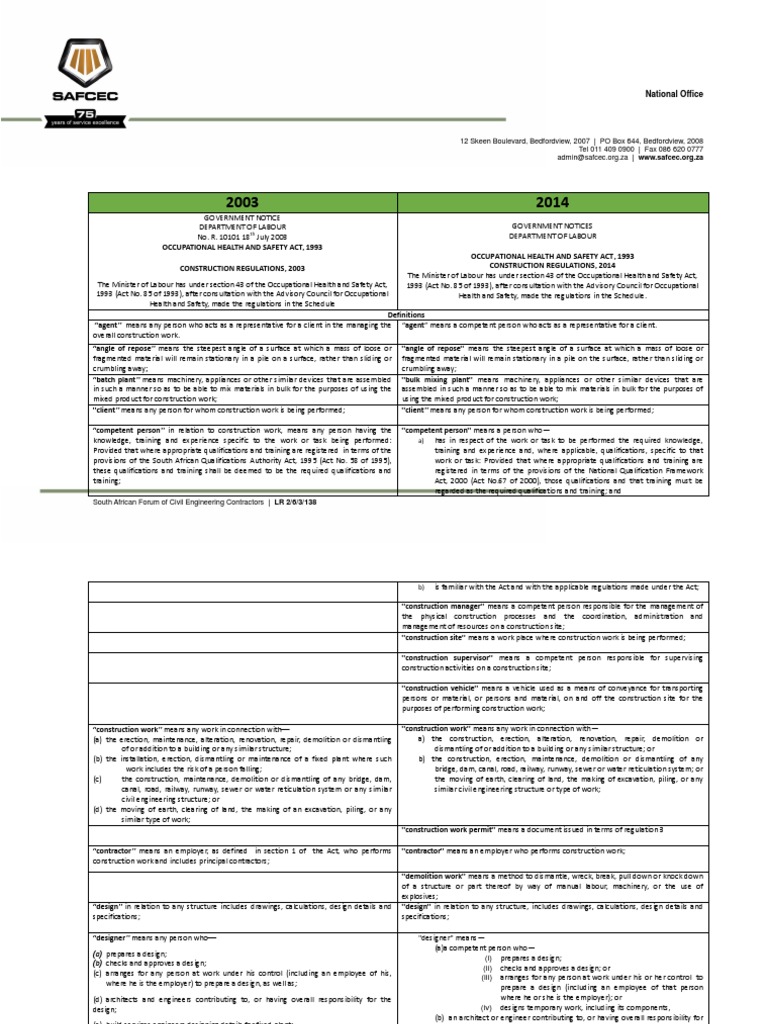 SAFCEC - Construction Regulation 2014 Comparison Document (NC) | PDF ...