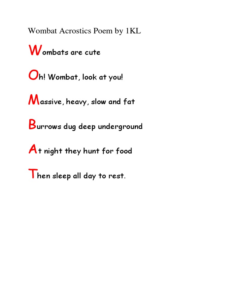 Wombat Acrostics Poem by 1KL | PDF