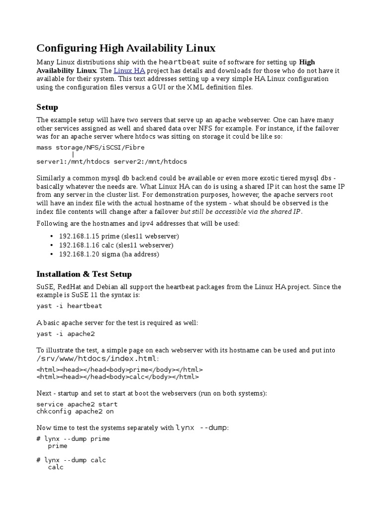 Configuring High Availability Linux: Setup | PDF | Linux | Web Server