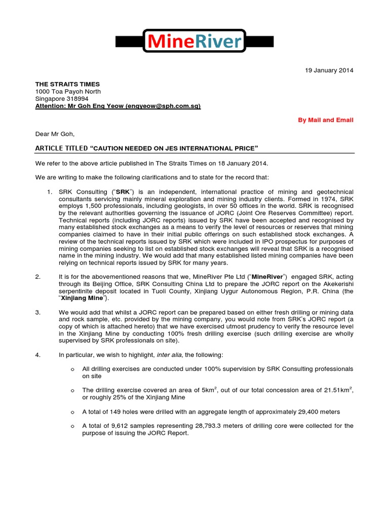 Mine River Clarification Letter | PDF | Initial Public Offering | Mining