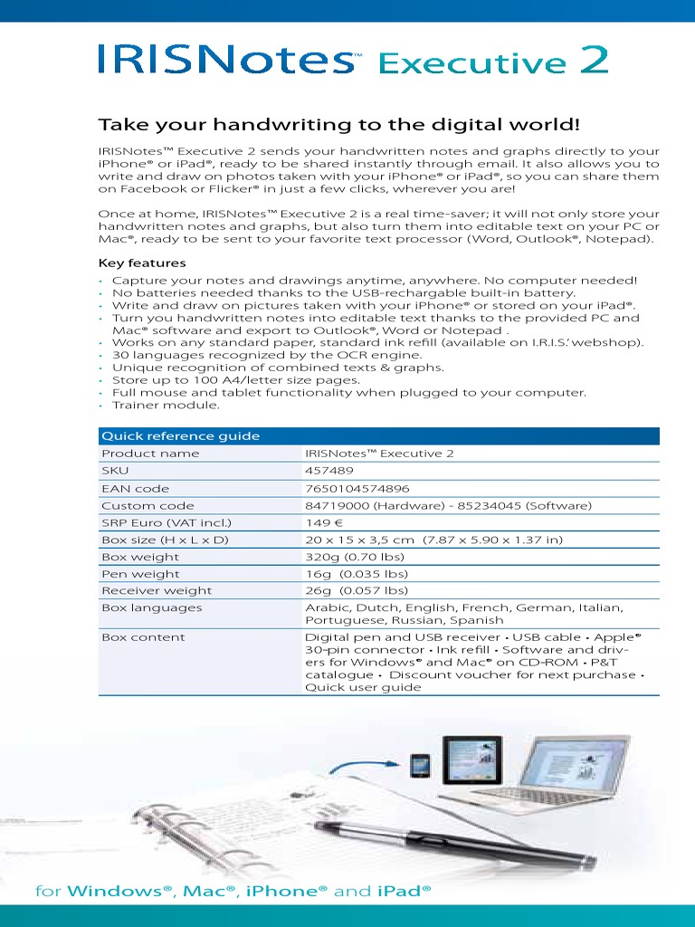IRISNotes Executive 2 Digital Pen Scanner | PDF | Macintosh | Microsoft ...