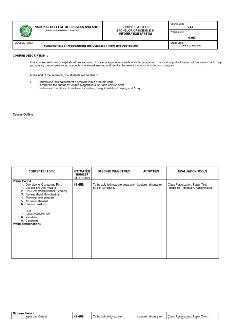 CS2.Course Outline - Assign Pre Final | PDF | Control Flow | Computer ...