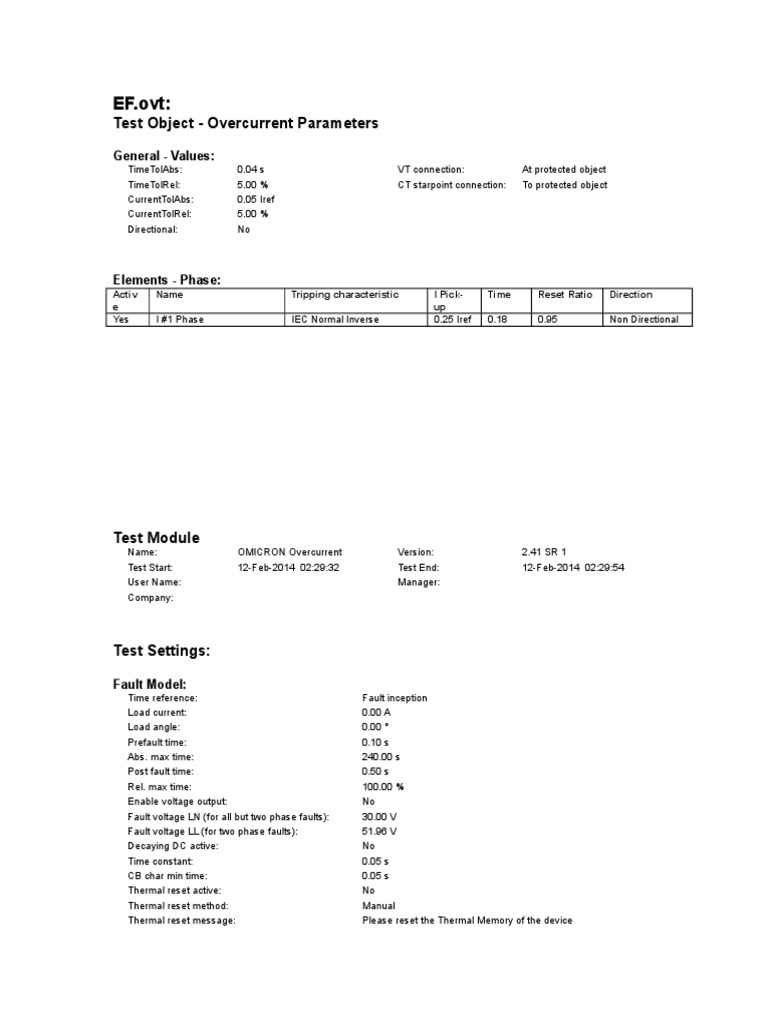 EF - Ovt:: Test Object - Overcurrent Parameters | PDF