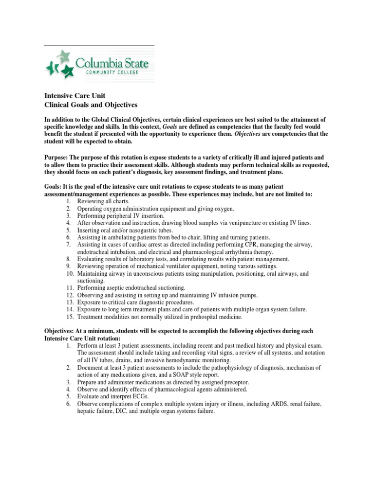 Intensive Care Unit Clinical Objectives | PDF | Intensive Care Unit ...