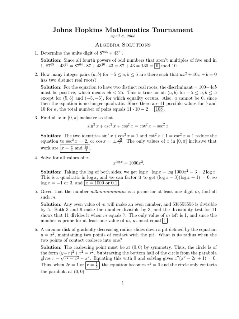 Johns Hopkins Mathematics Tournament: Algebra Solutions | PDF ...