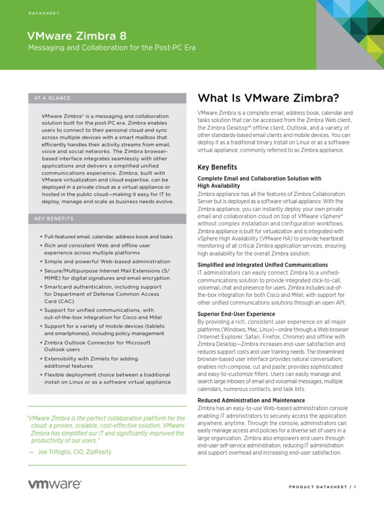 Zimbra Collaboration Server Network Edition Data Sheet | PDF | Email | Cloud Computing