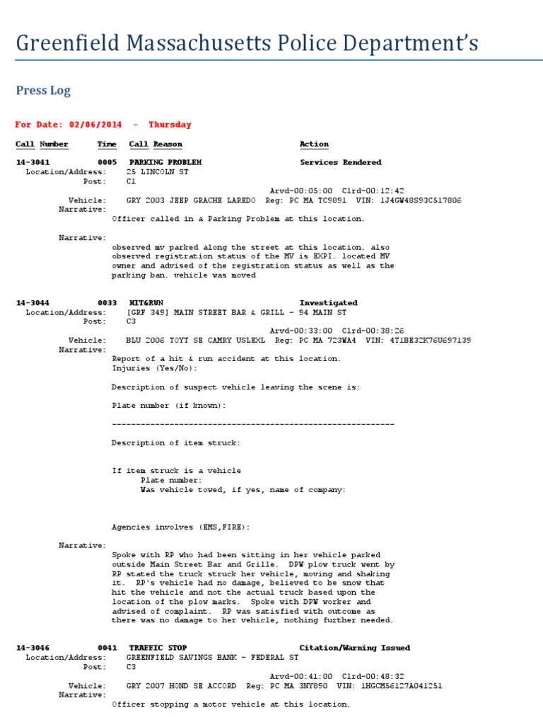 Greenfield Massachusetts Police Log 02/06/2014 Through 02/17/2014 | PDF ...