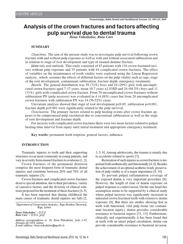Analysis of The Crown Fractures and Factors Affecting Pulp Survival Due ...