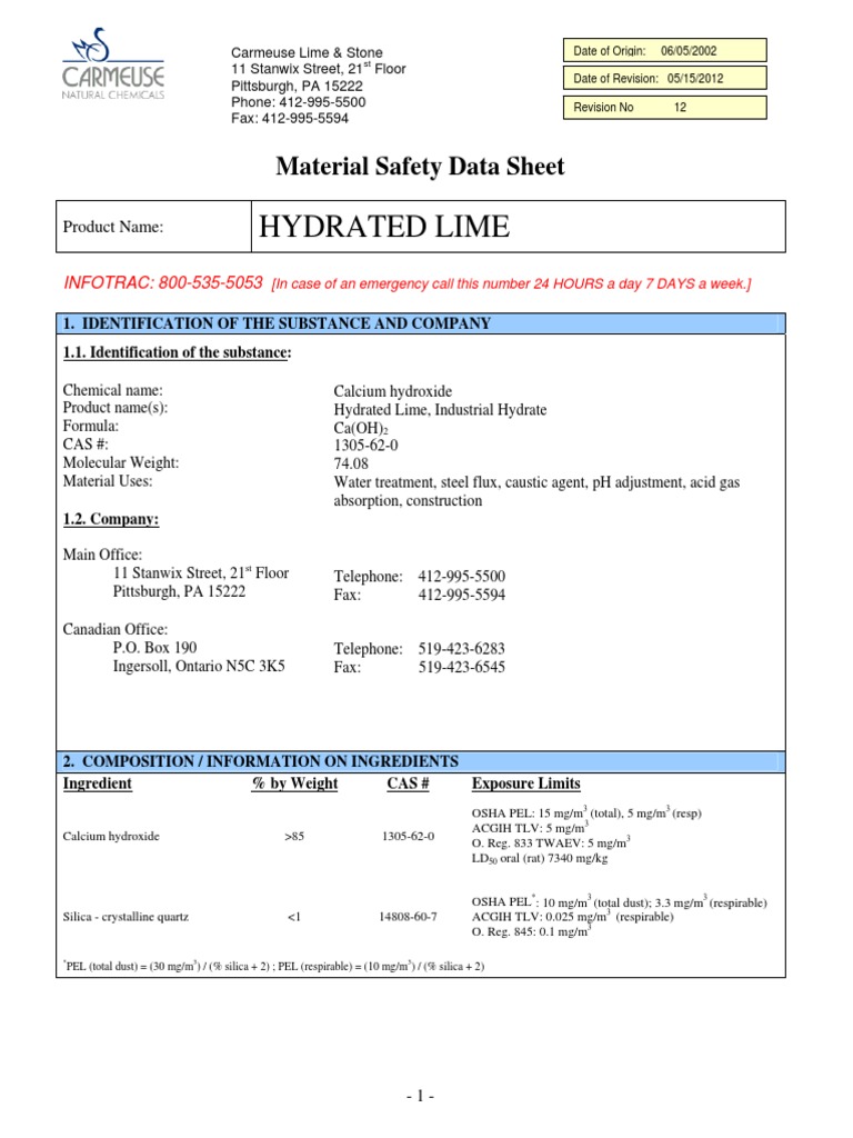 Hydrated Lime Msds 05 12 | PDF | Silicon Dioxide | Firefighting