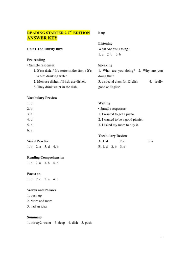 Answer Key: Reading Starter 2 2 Edition | PDF | Reading (Process ...