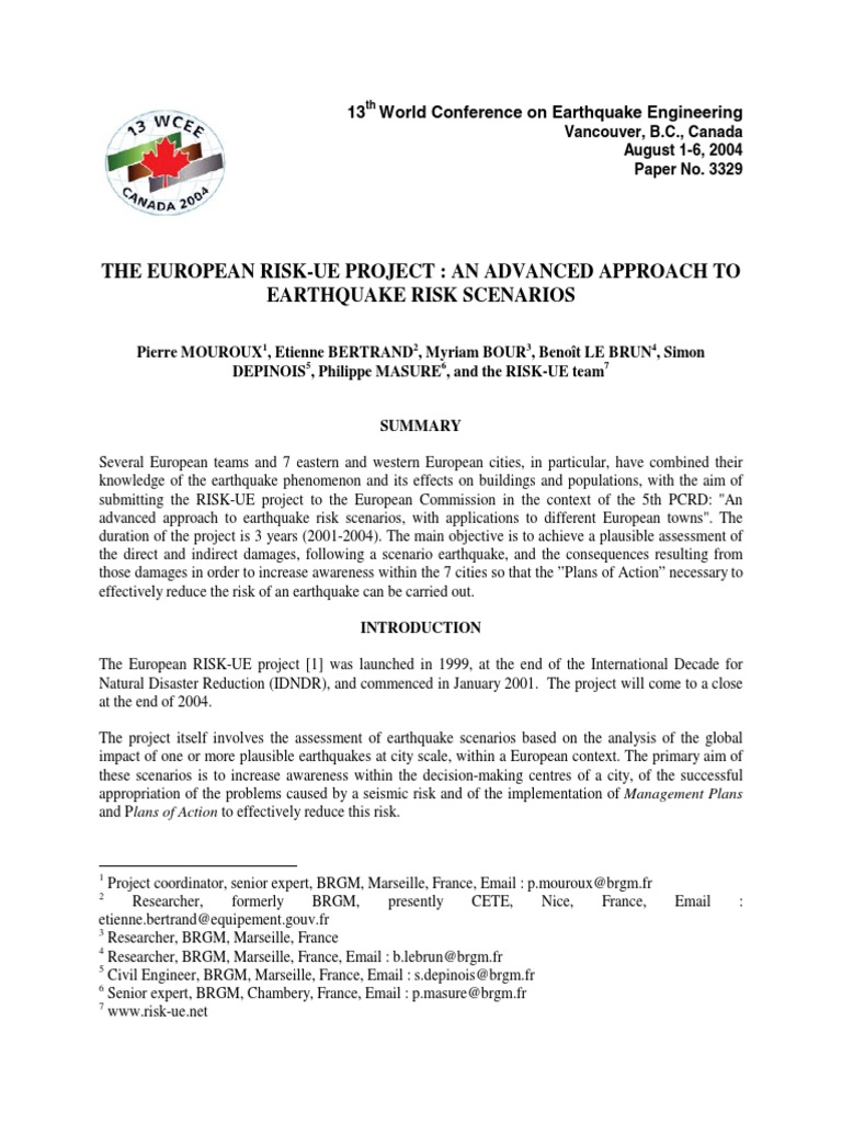The European Risk-Ue Project: An Advanced Approach To Earthquake Risk ...