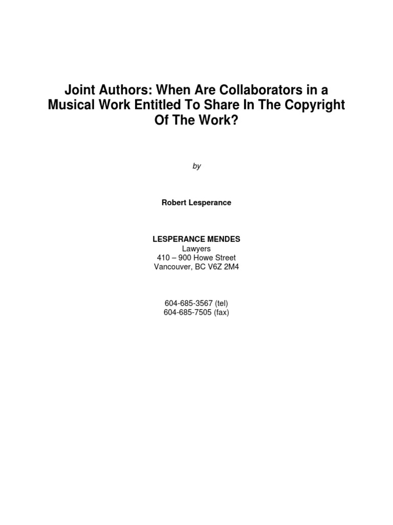 Joint Authors: When Are Collaborators in A of The Work?: Robert ...