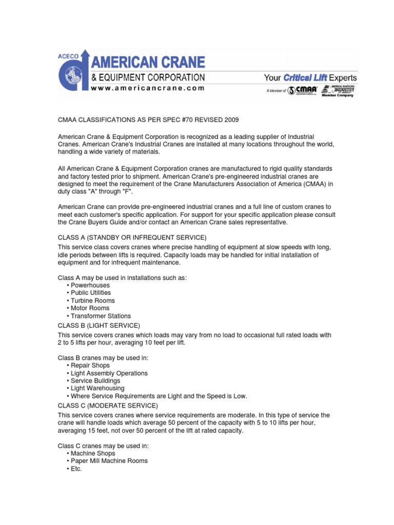 Cmaa Classifications As Per Spec 70 | PDF | Crane (Machine) | Factory