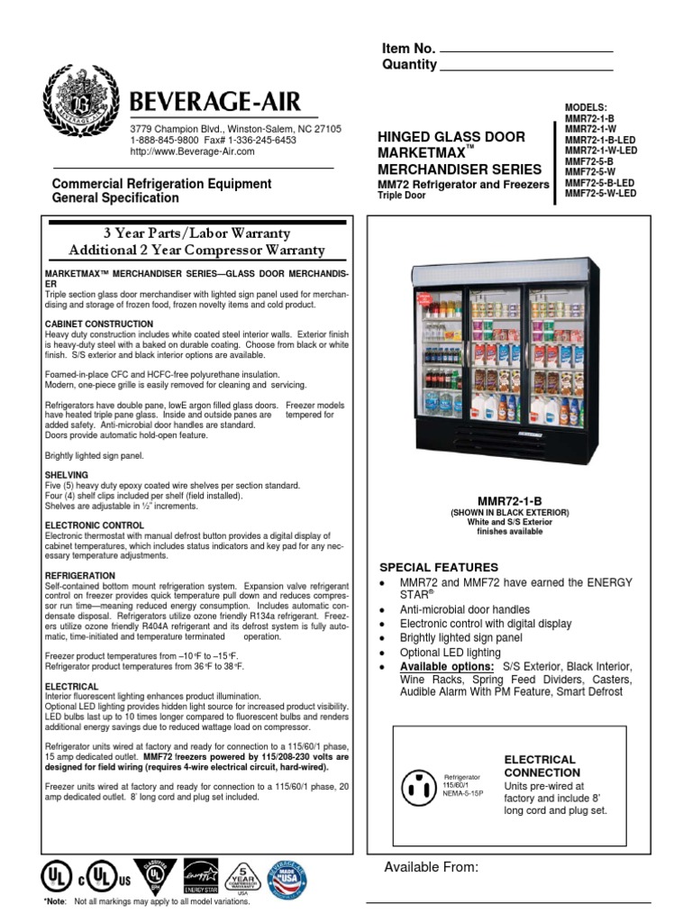 MM72 Refrigerator~Freezer Spec Sheet | Refrigerator | Door
