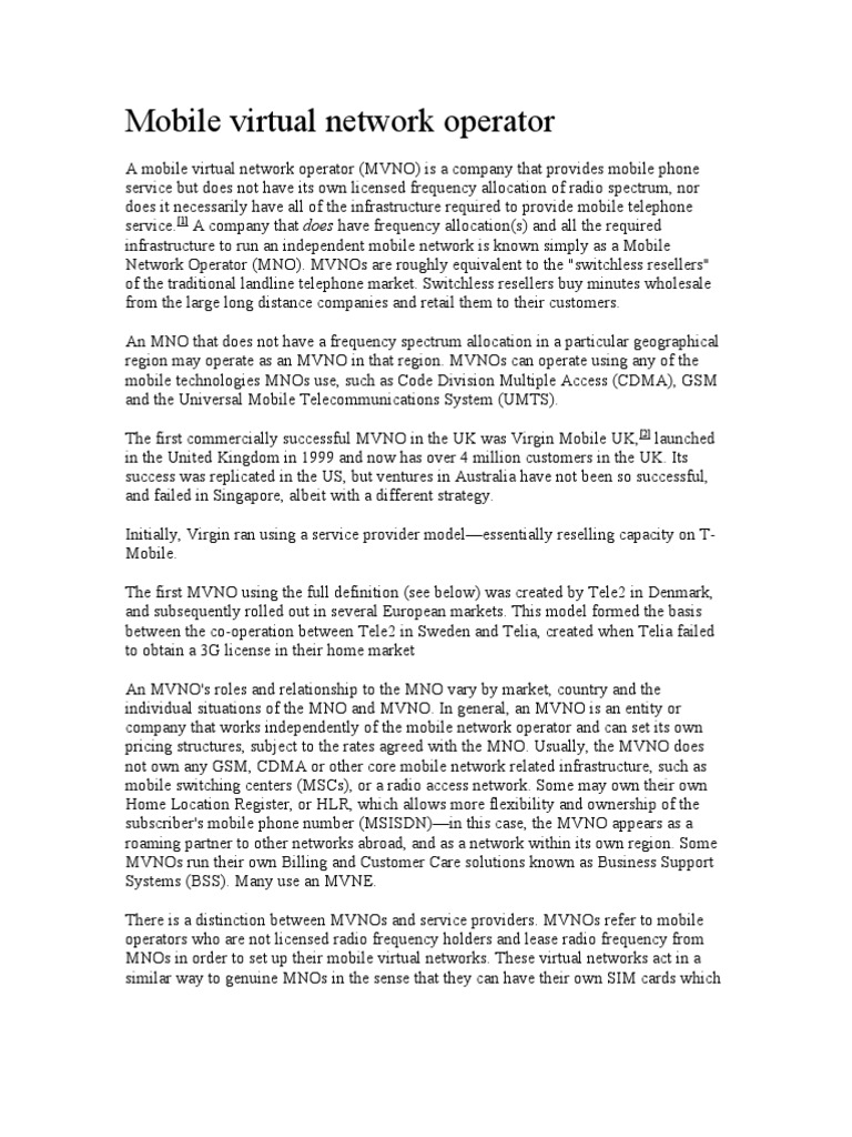 Mobile Virtual Network Operator | PDF | Mobile Telecommunications ...