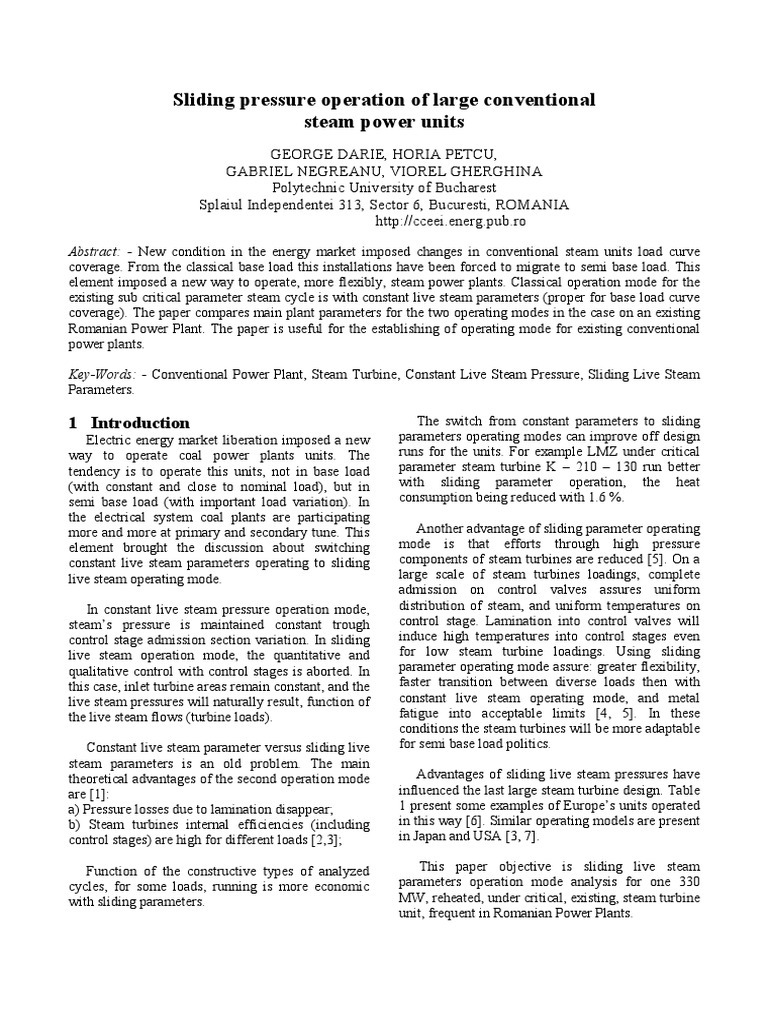 Sliding Pressure Operation of Large Conventional Steam Power Units: A ...