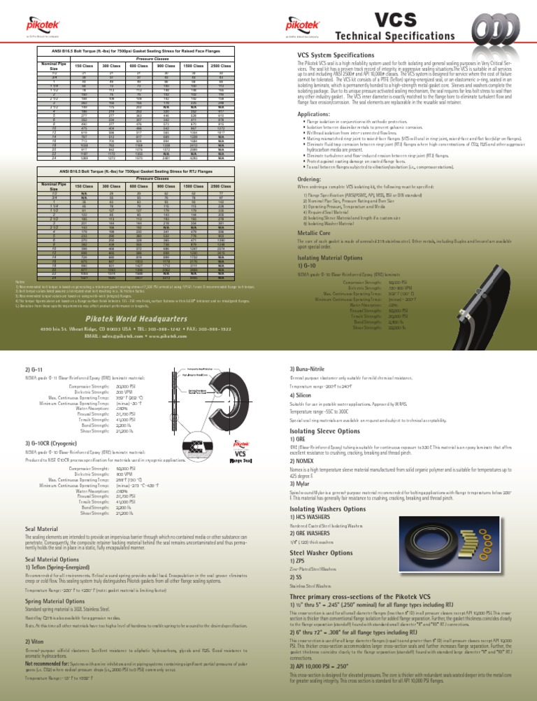 Pikotek Vcs Tech Specs | Washer (Hardware) | Strength Of Materials