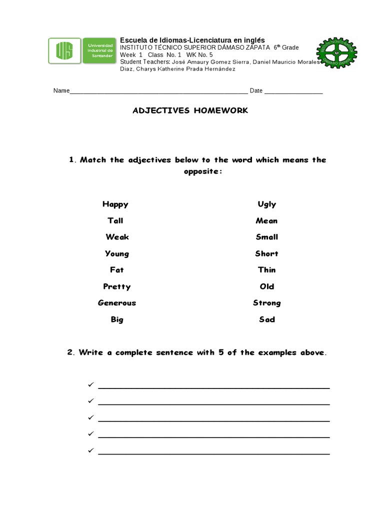 English Adjectives Homework | PDF | Wellness
