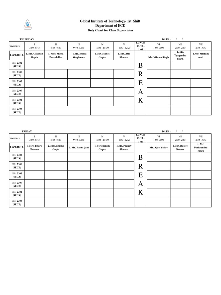Department of ECE Duty Chart for Class Supervision: Thursday and Friday ...