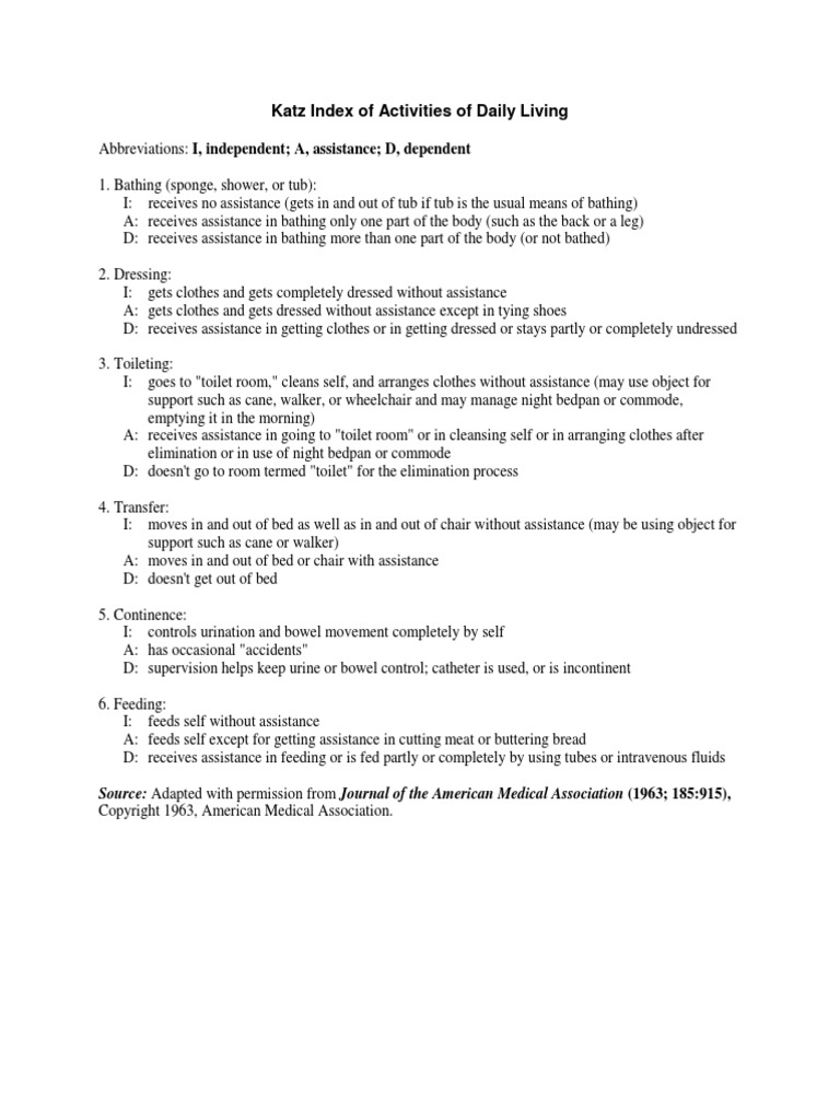 Katz Index of ADL Evaluation | PDF