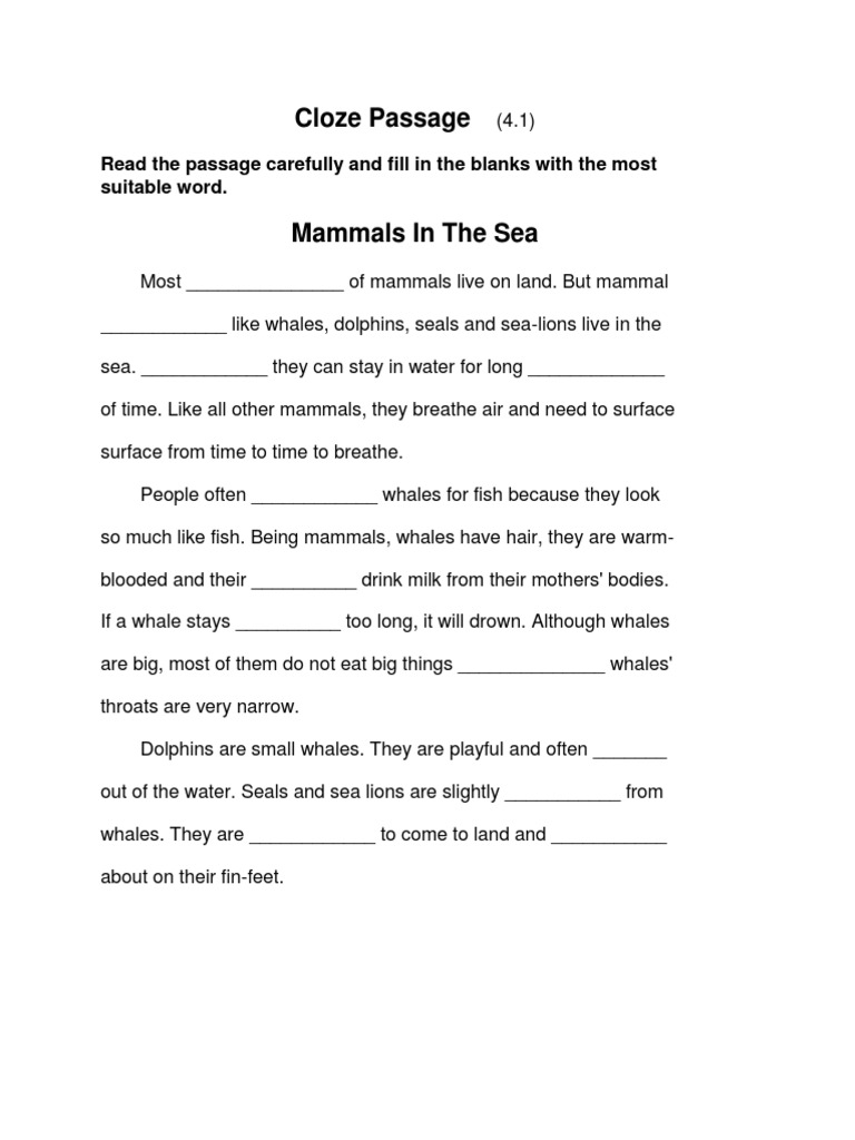 Cloze Passage | Senses | Whales