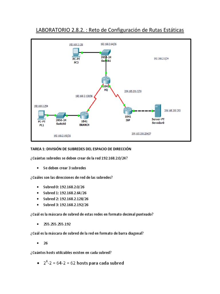 Laboratorio2.8.2 Configuracion de Rutas Estaticas ( Documentación) | Enrutador (Computación ...