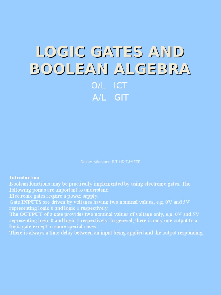 Logic Gates and Boolean Algebra | PDF | Logic Gate | Mathematical Logic