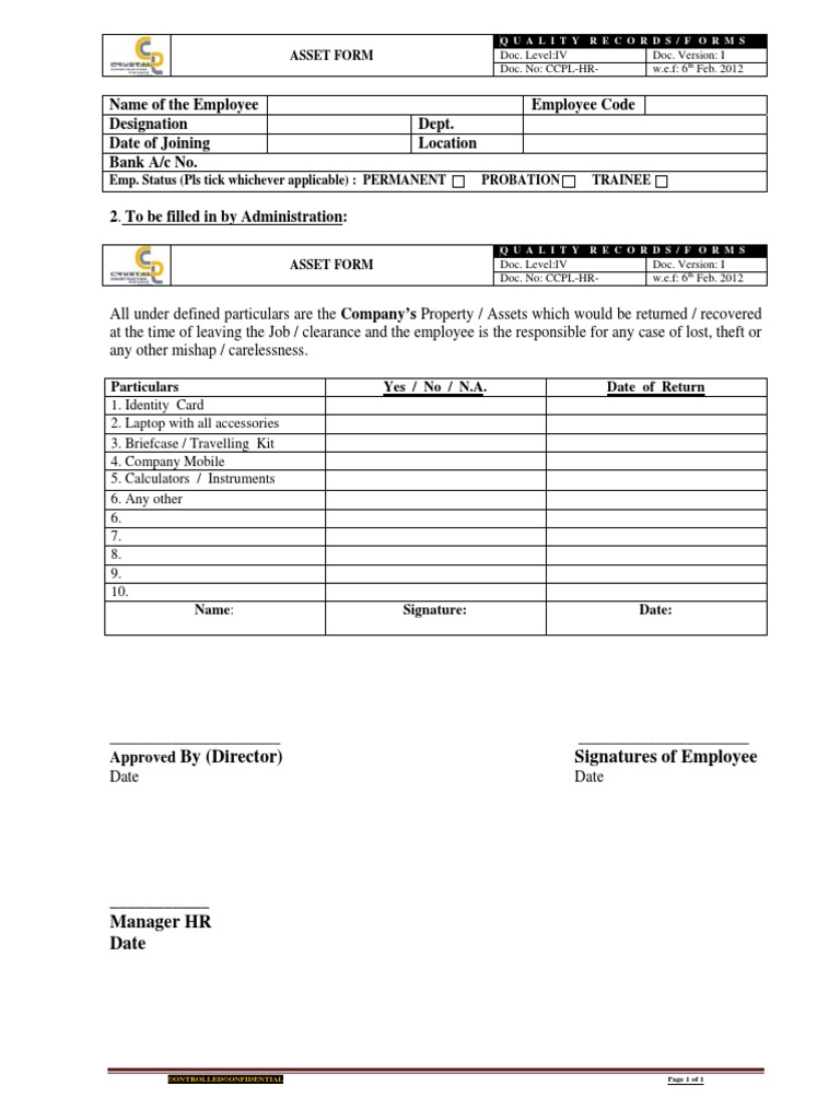 Employee Asset Form: Tracking Company Property Issued to New Employees ...