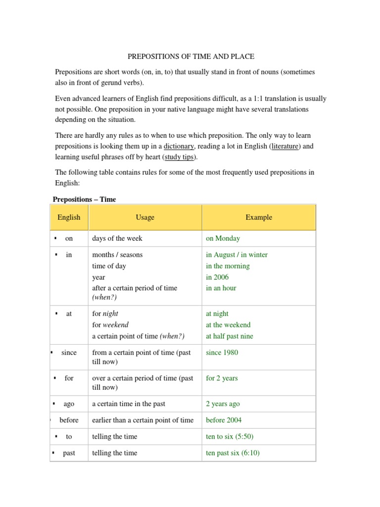 Prepositions of Time and Place Explained | PDF | Preposition And ...