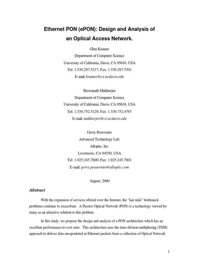 Ethernet PON (ePON) : Design and Analysis of An Optical Access Network ...