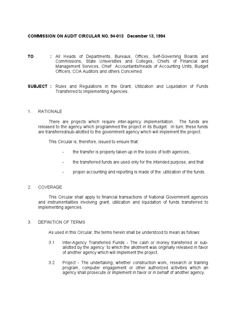 COA Circular 94-013 Dated Dec. 13, 1994 | PDF | Audit | Business