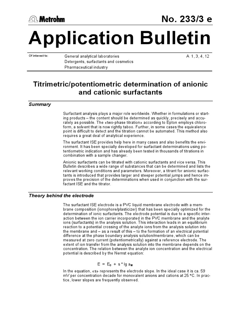 Titrimetric Potentiometric Determination of Anionic and Cationic ...