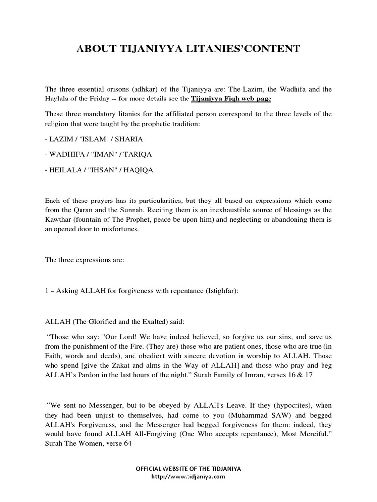 Tijaniyya Litanies and Their Importance | PDF | Sin | Muhammad