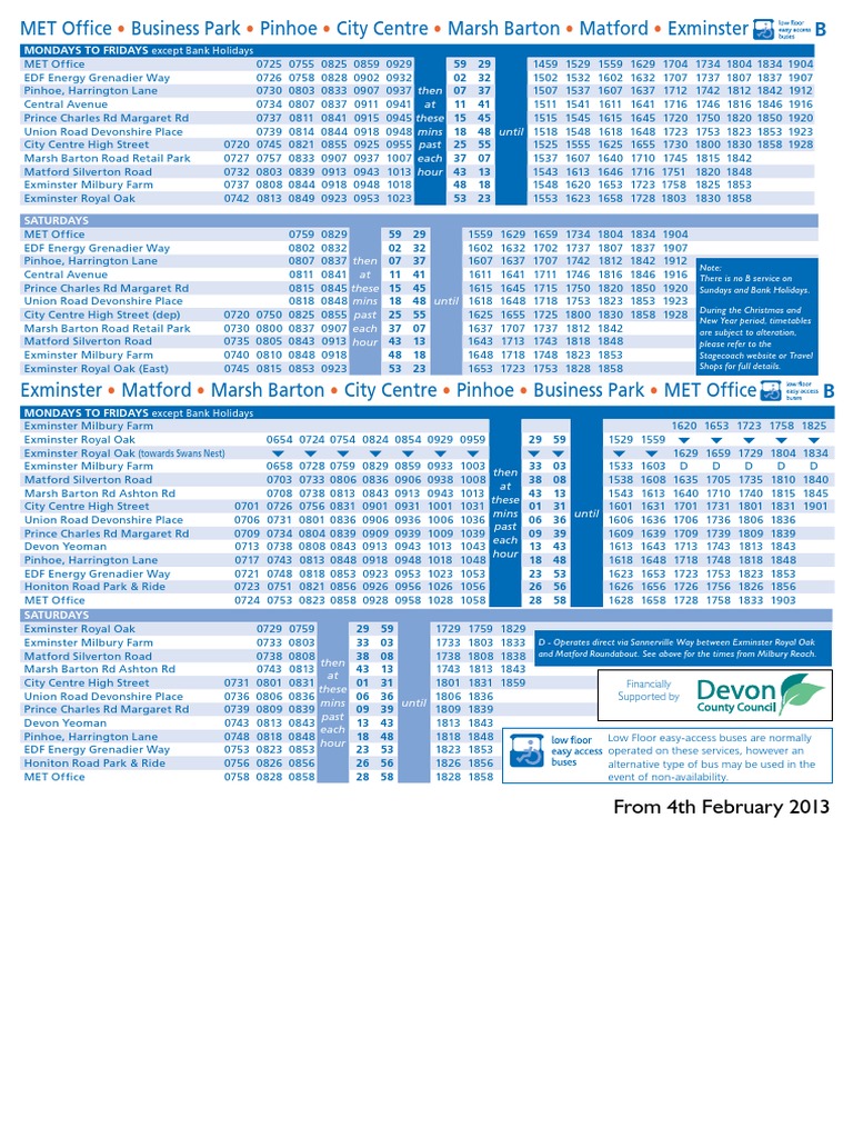 B Bus Timetable: Exminster to Exeter | PDF | Bus Transport | Transport
