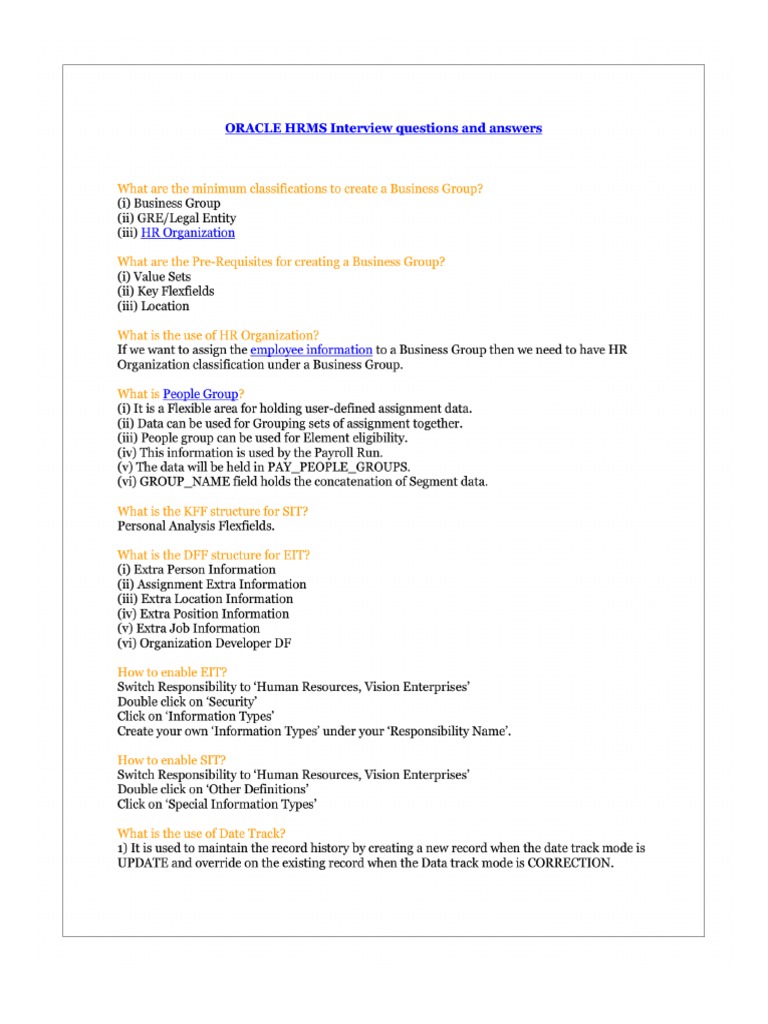 ORACLE HRMS Interview Questions and Answers - Oracle Documents PDF | PDF