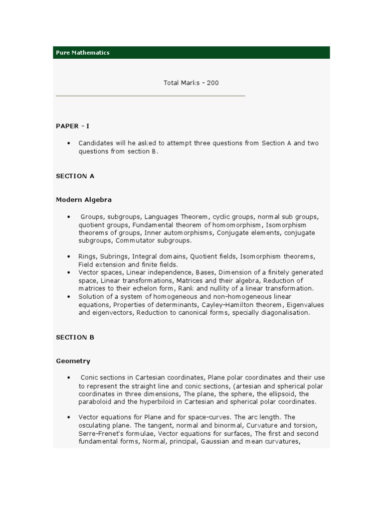 Pure Mathematics Syllabus | PDF | Vector Space | System Of Linear Equations