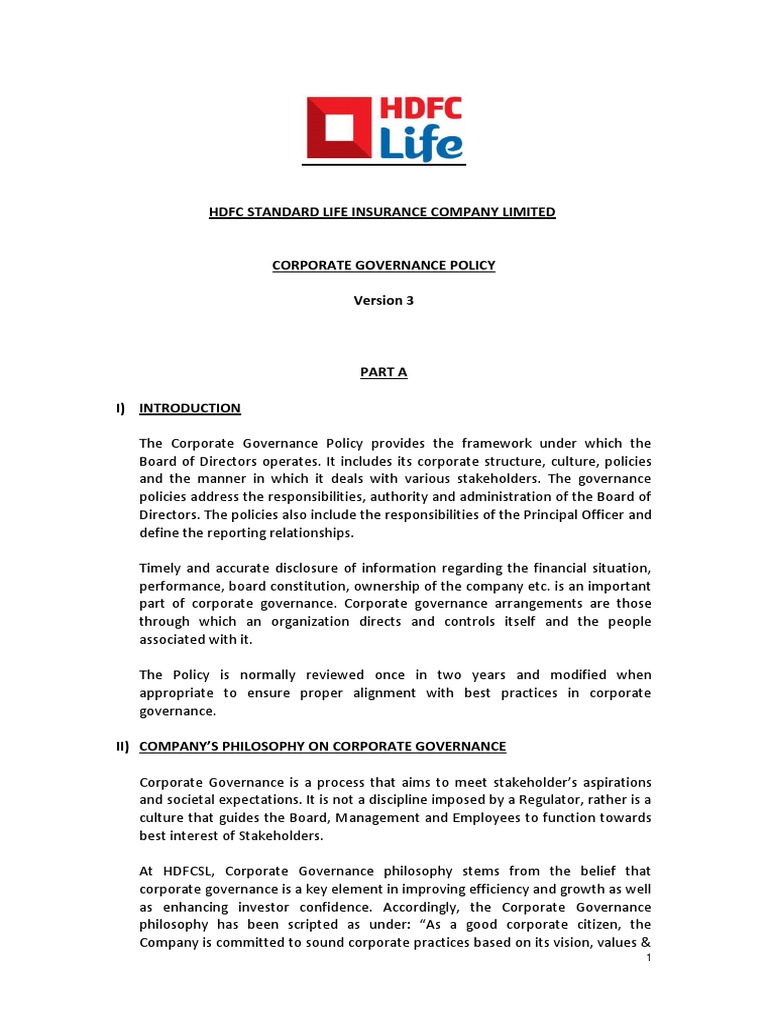 Corporate Governance Policy of HDFC Standard Life Insurance Company ...