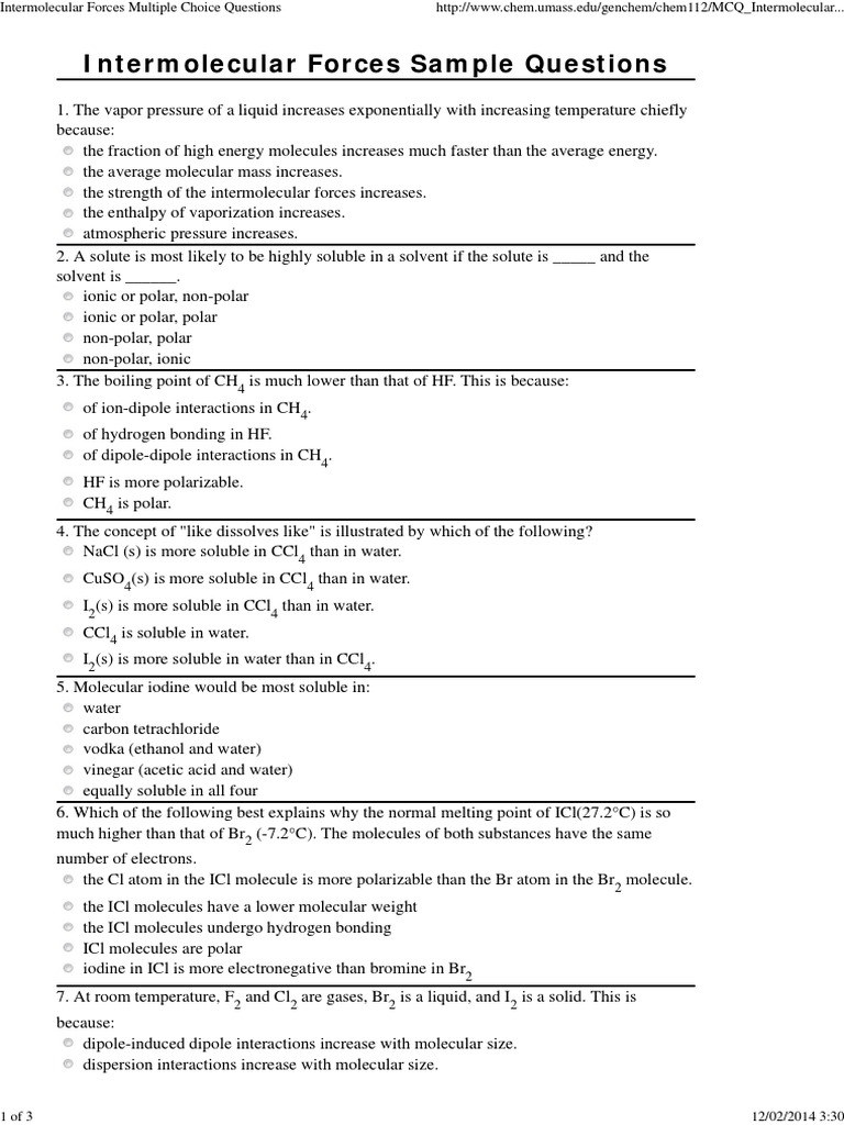 FARFIS Intermolecular Forces Multiple Choice Questions | Intermolecular ...