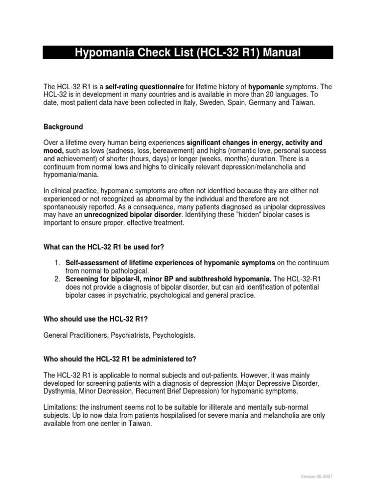 HCL 32 R1 Manual PDF | Major Depressive Disorder | Bipolar Disorder