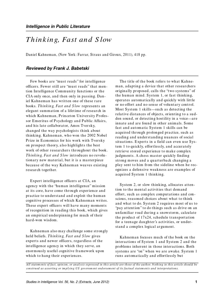 Thinking, Fast and Slow Review Provides Insights for Intelligence ...